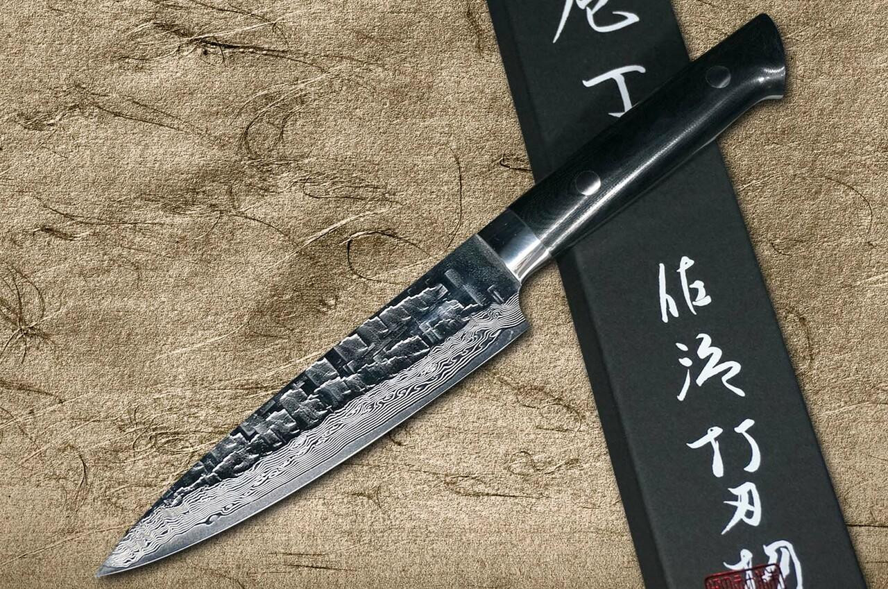 Takeshi Saji VG10 Mirror Hammered Damascus MCB Japanese Chef's Petty Knife(Utility) 130mm with ...