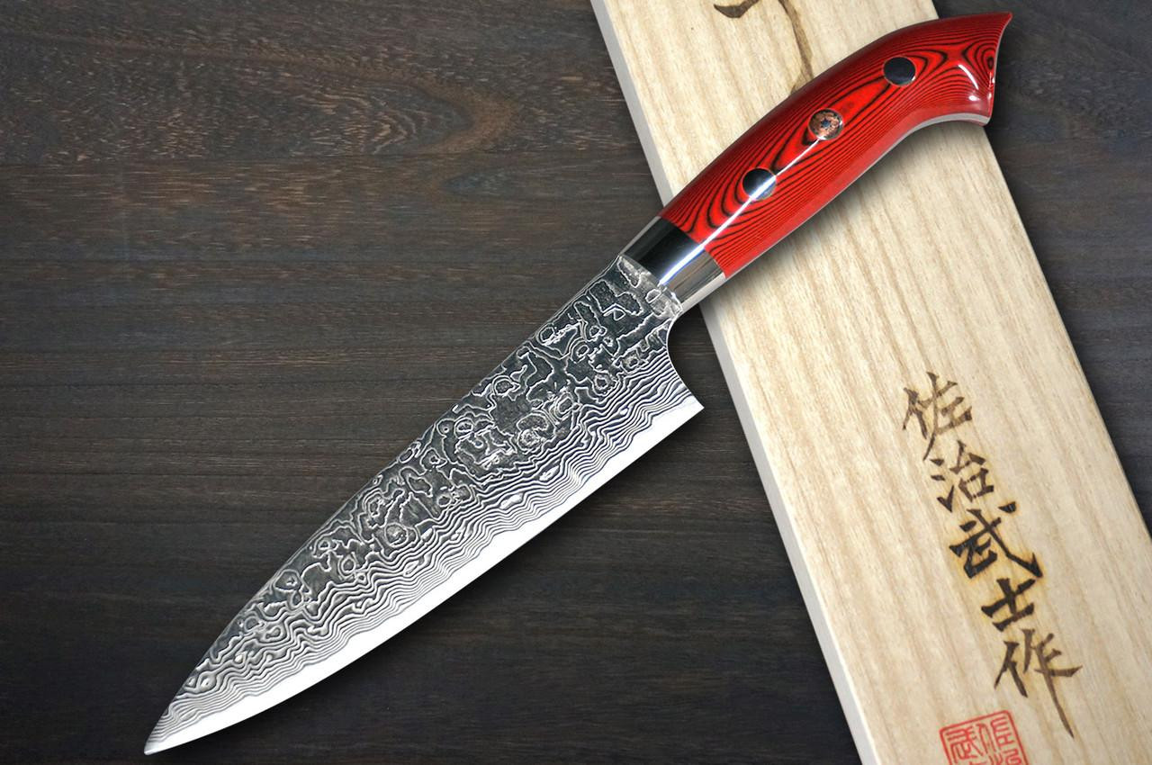 Takeshi Saji R2 Diamond Finish Damascus MCRB-NNM Japanese Chef's Petty Knife(Utility) 130mm with ...