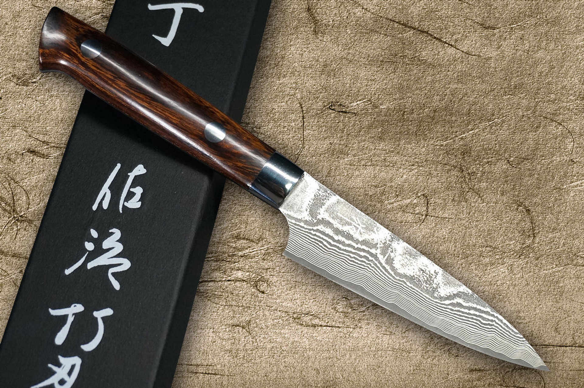 Takeshi Saji R2(SG2) Black Damascus IR Japanese Chef's Petty Knife(Utility) 130mm with Desert ...