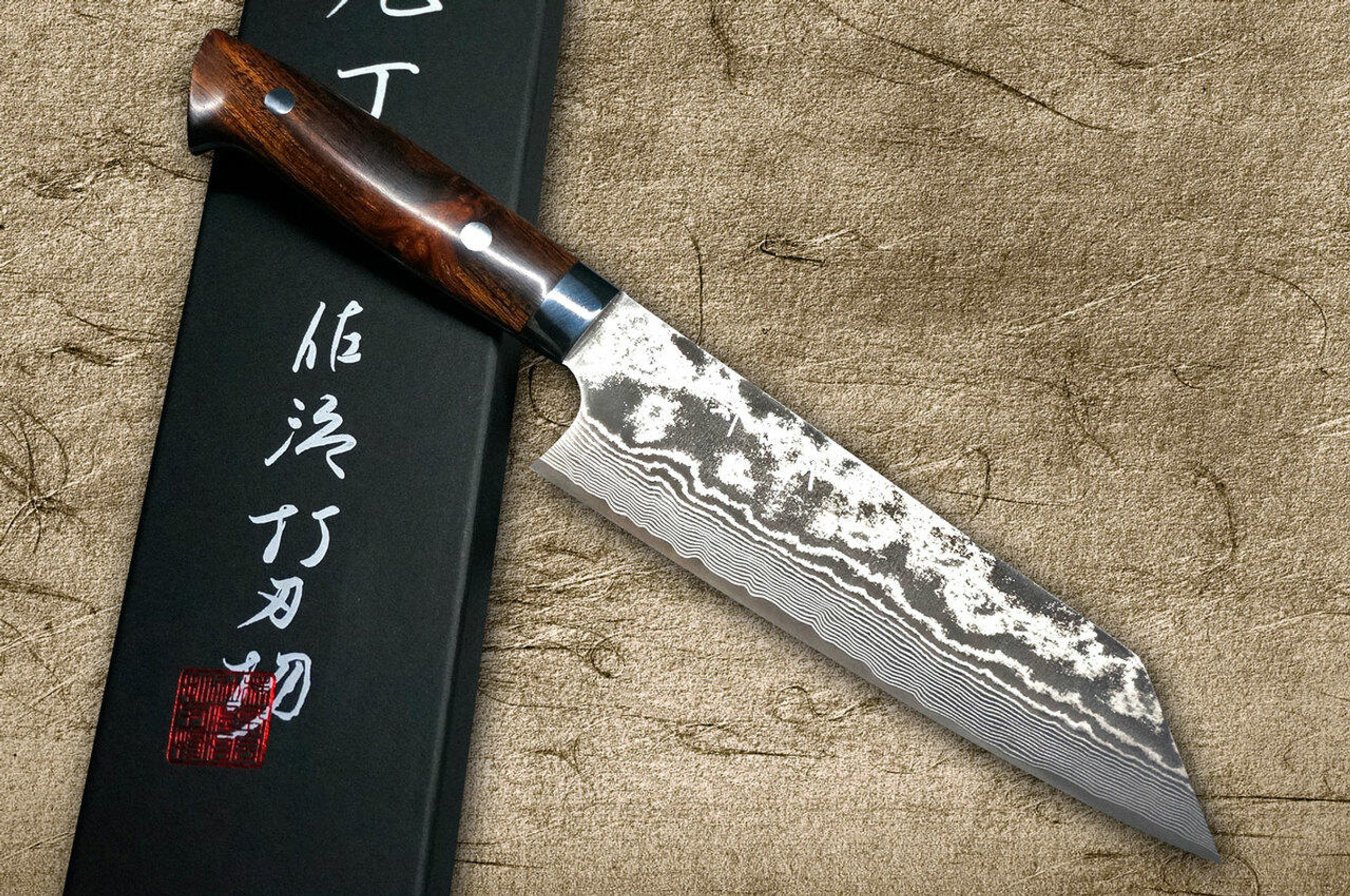 Takeshi Saji VG10 Mirror Hammered Damascus MCB Japanese Chef's Bunka Knife 180mm with Black ...