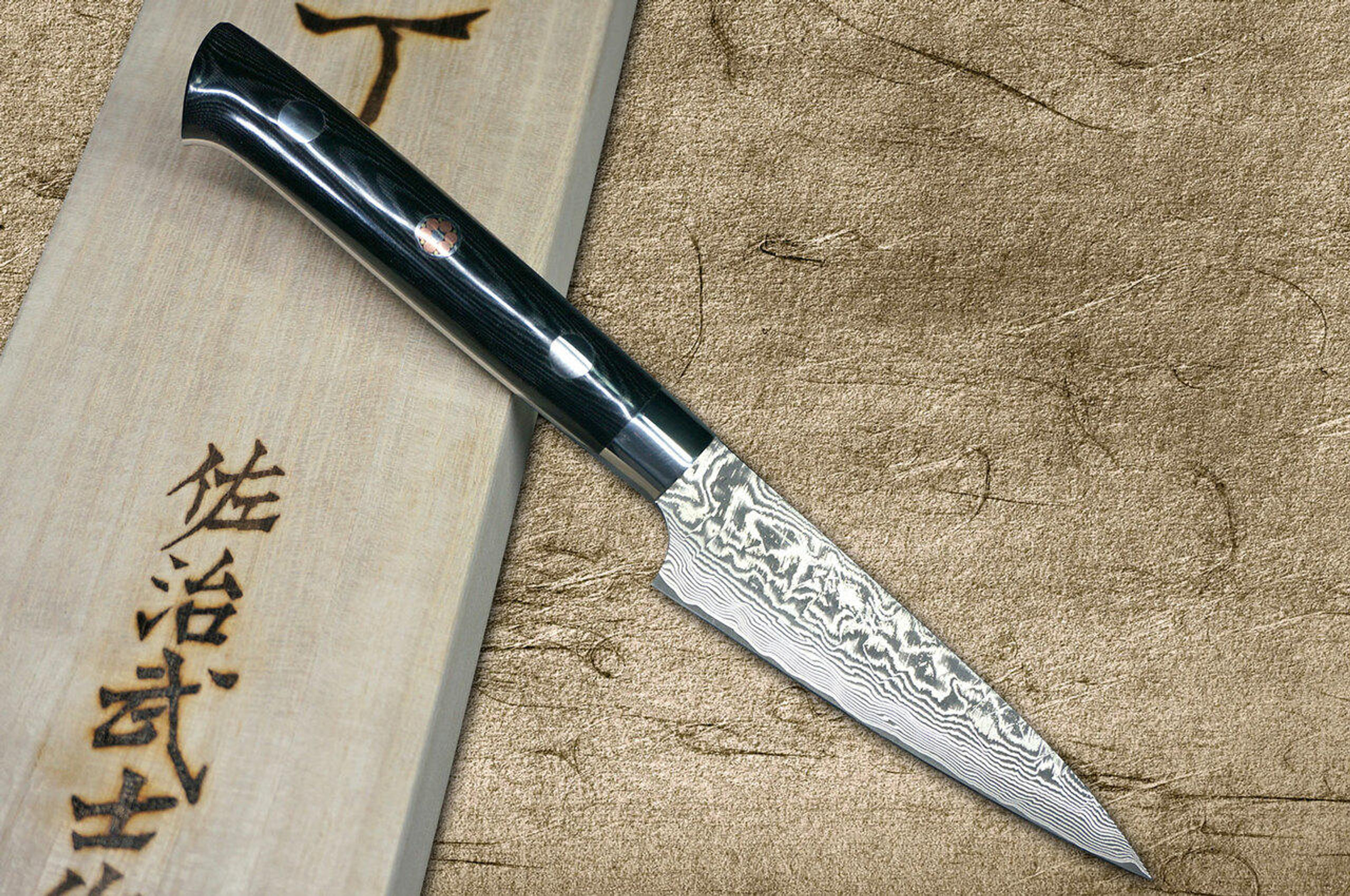 Takeshi Saji Folding R2(SG2) Mirrored Damascus Petty Knife(Utility) 100mm with Black G10 Handle ...