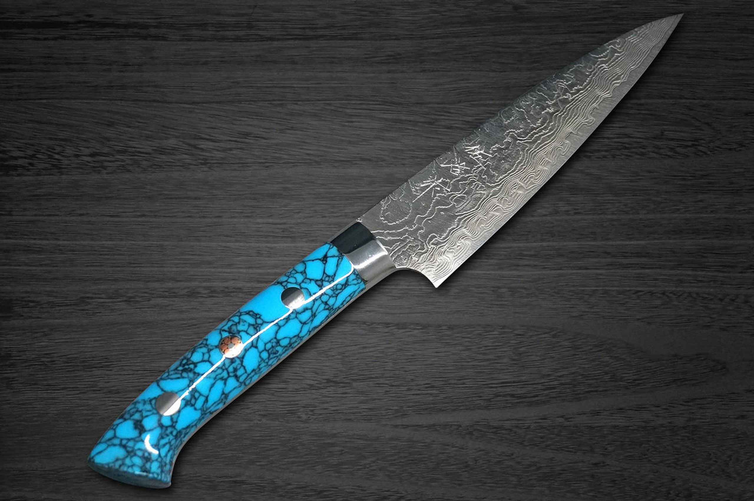 Takeshi Saji R2 Diamond Finish Damascus TCA Japanese Chef's Petty Knife(Utility) 130mm with Blue ...