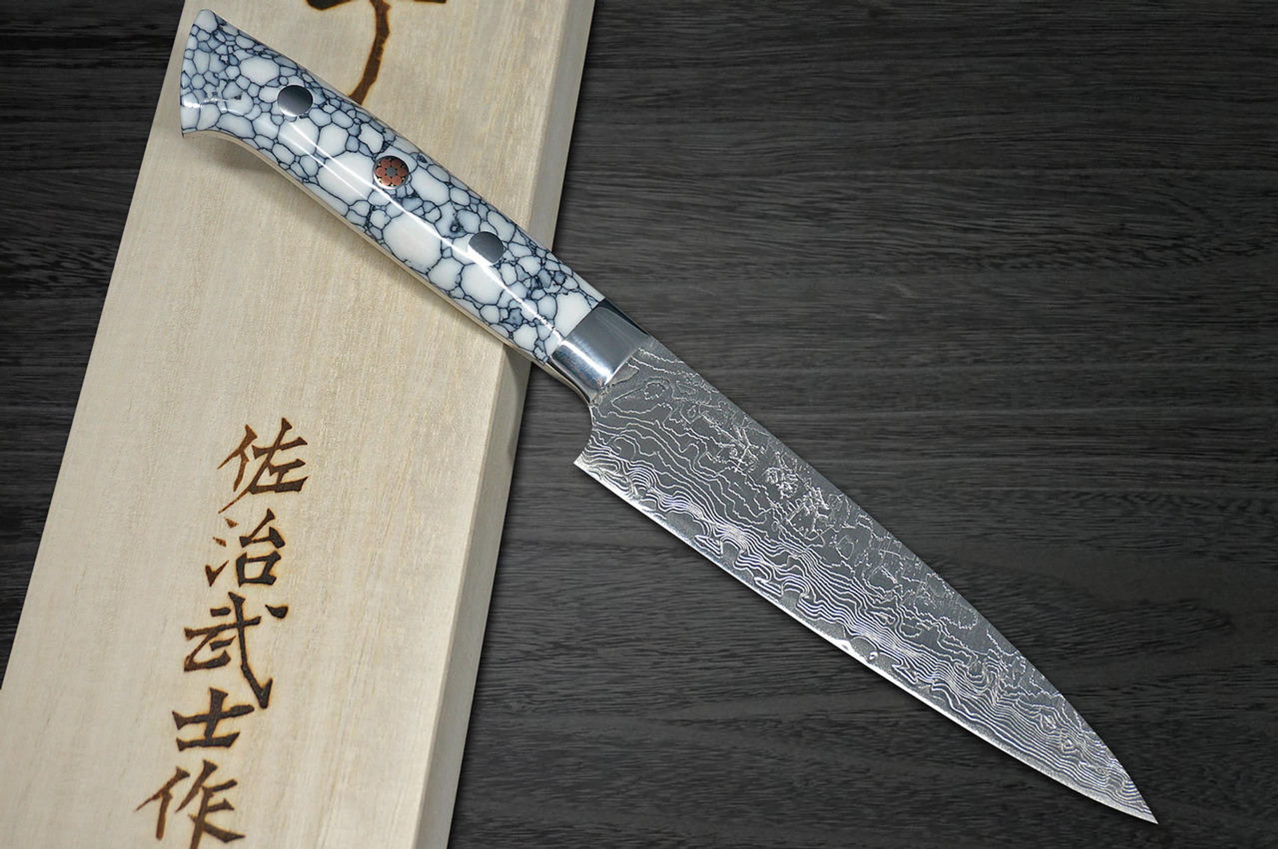 Takeshi Saji R2 Diamond Finish Damascus TCA Japanese Chef's Petty Knife(Utility) 130mm with Blue ...