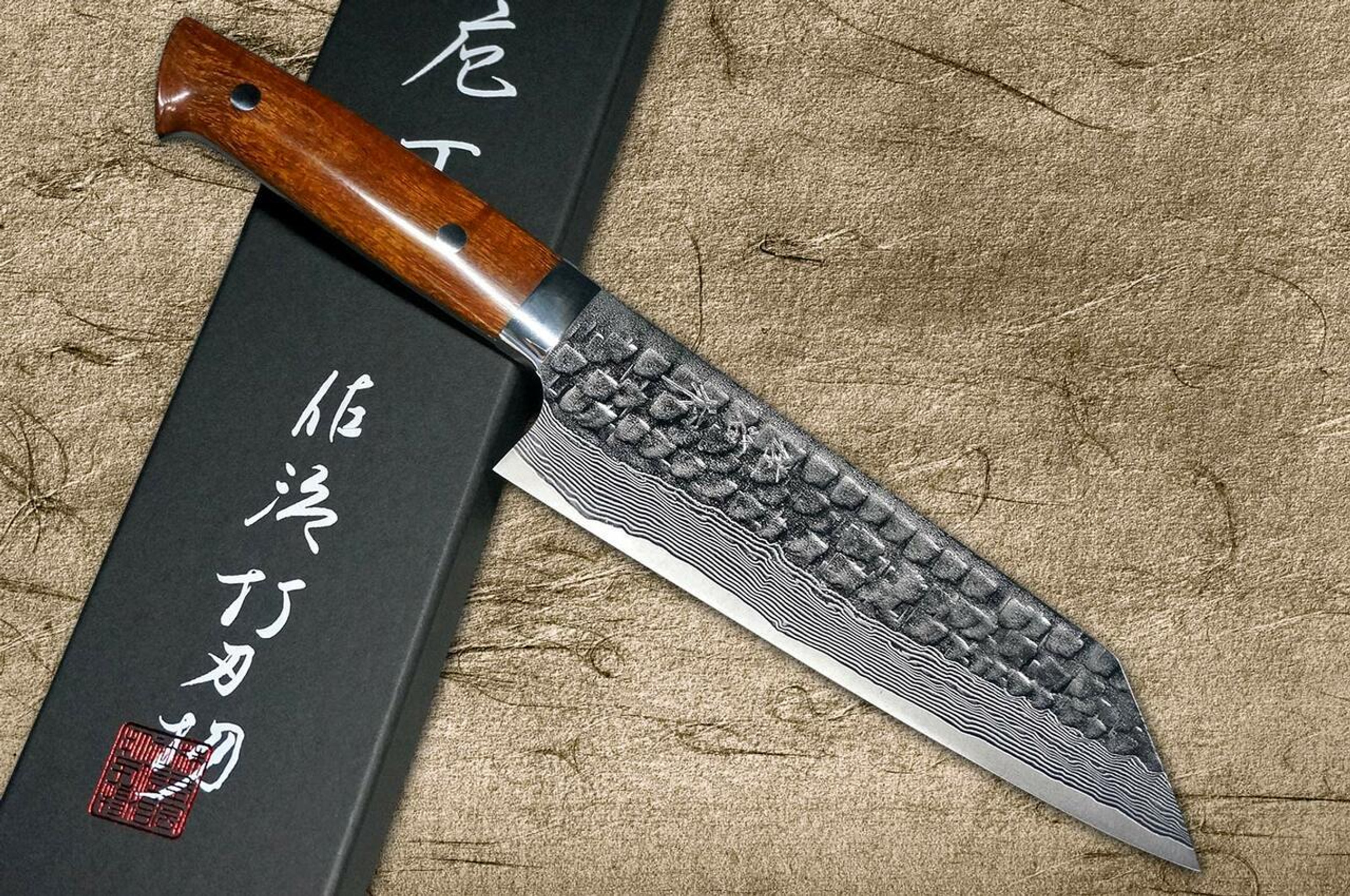 Takeshi Saji VG10 Mirror Hammered Damascus MCB Japanese Chef's Bunka Knife 180mm with Black ...