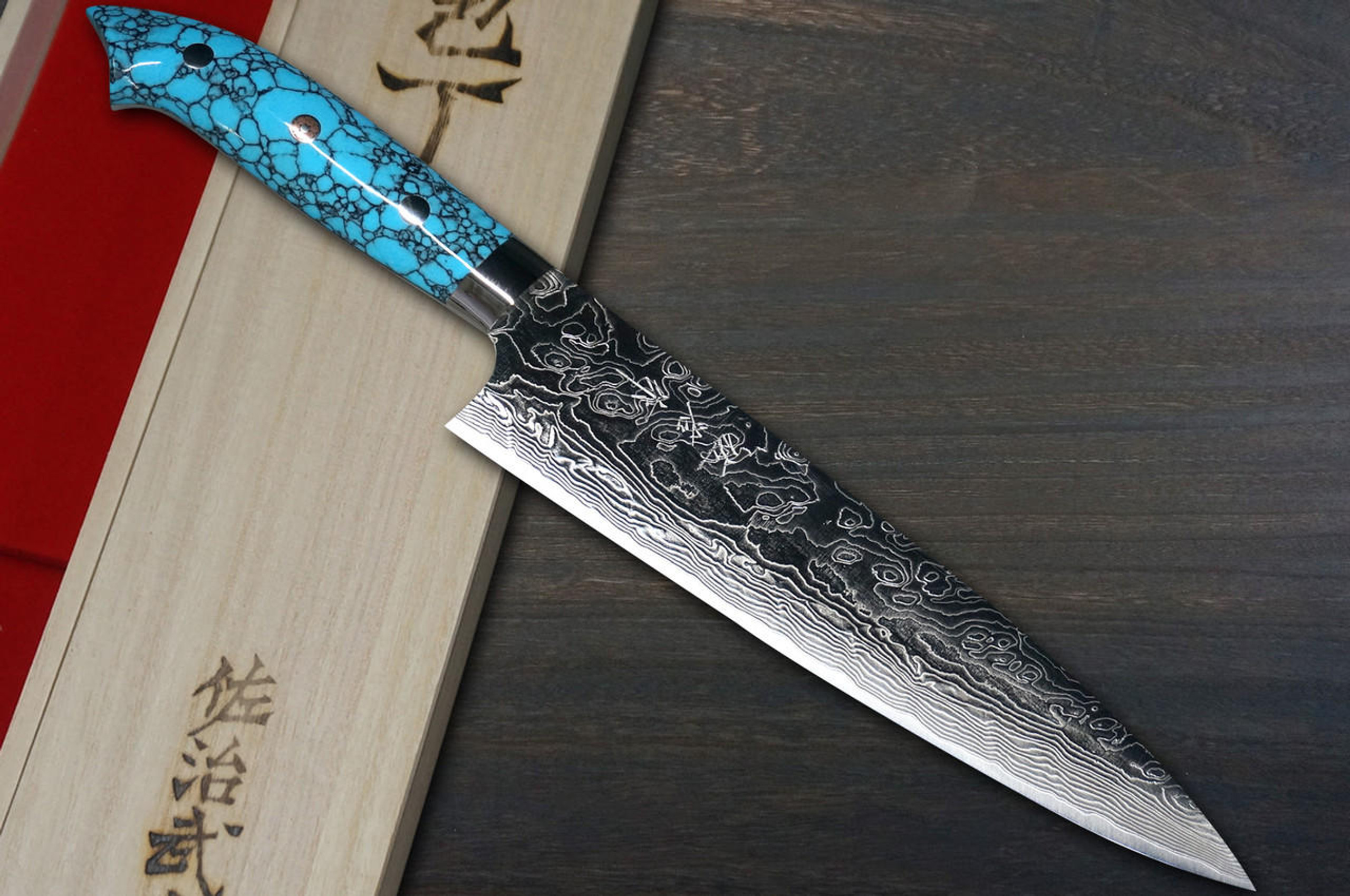 Takeshi Saji R2 Diamond Finish Damascus TCA Japanese Chef's Gyuto Knife 210mm with Blue ...