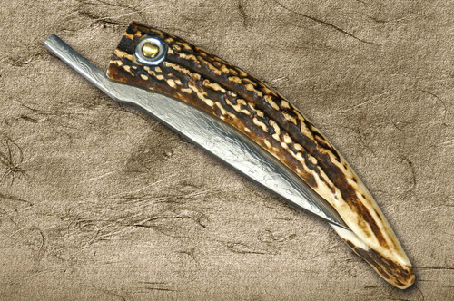 Takeshi Saji Higonokami Folding VG10 Black Damascus Petty Knife(Utility) 75mm with Brown Antler ...