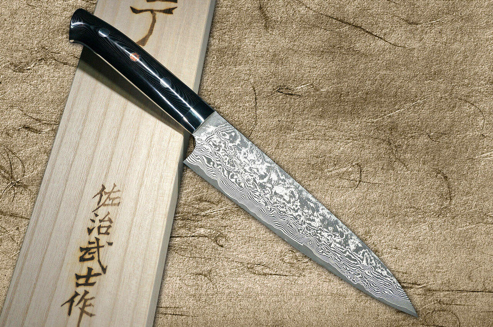 Takeshi Saji Folding R2(SG2) Black Damascus Steak Knife 100mm with Black Micarta Handle ...