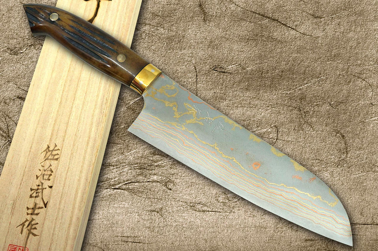 Takeshi Saji Aogami Colored Damascus DHM-NNM Japanese Chef's Santoku ...