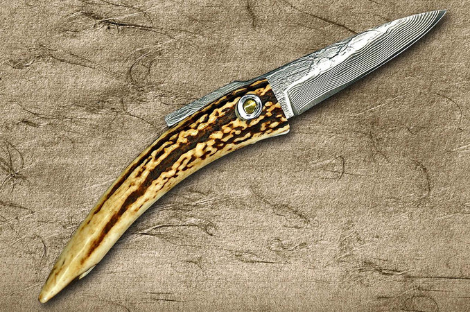 Takeshi Saji Higonokami Folding VG10 Black Damascus Petty Knife(Utility) 75mm with Brown Antler ...