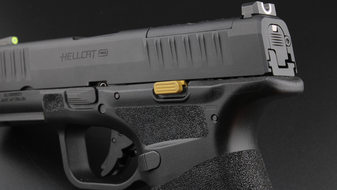 Extended Stainless Slide Release for the Springfield Hellcat Gold finish
