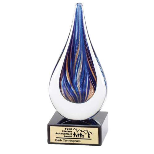 Art Glass Trophy, Blue or Green Corporate Award - 7 Inch Tall