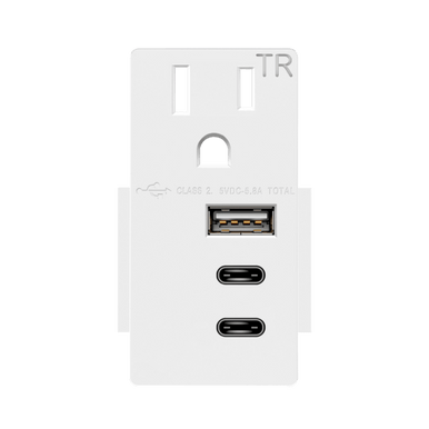 USB Charger Receptacle, Type-A and Dual Type-C USB, 15A, White