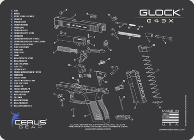 Cerus Gear Cleaning MAT GLOCK 43X SCHEMATIC; CHARCOAL GRAY/ CERUS BLUE