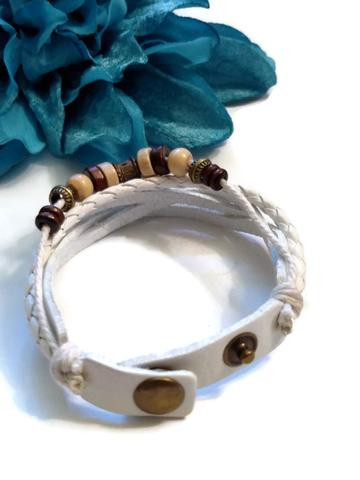 Leather Bronze NA Bracelet Snap Closure - White - Doing It Sober