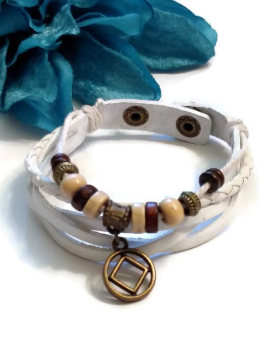 Leather Bronze NA Bracelet Snap Closure - White - Doing It Sober