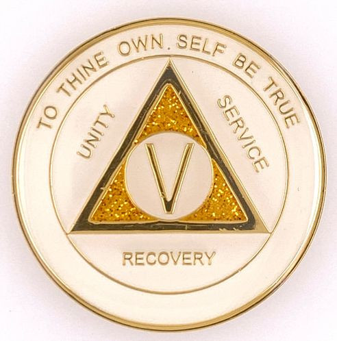 AA Anniversary White w/ Gold Sparkle on Gold Coin - Doing It Sober