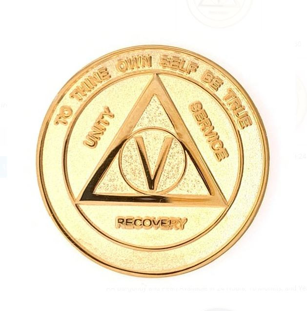 Freedom Line AA Anniversary Gold Plated Medallion 1-60- Doing It Sober