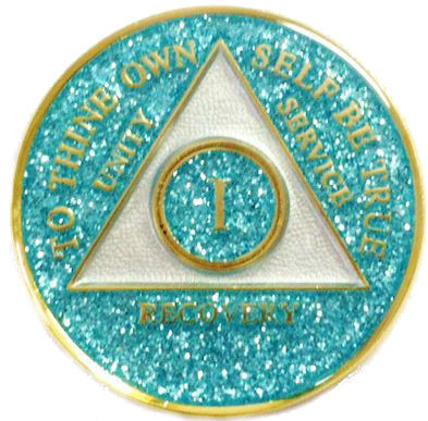 GLITTER TRI PLATE AQUA MEDALLION AA Alcoholics Anonymous Anniversary ...