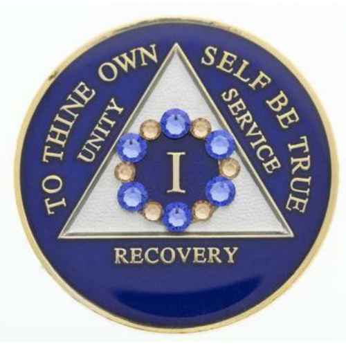 AA Blue Medallion W Blue Bloom Circle Bling - Doing It Sober