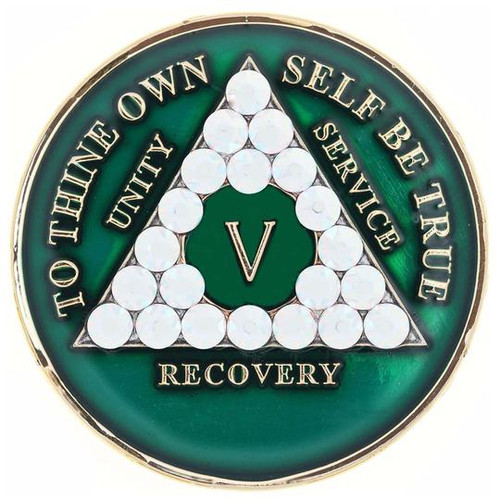 AA Green Medallion w White Triangle Bling (Years 1-65) - Doing It Sober