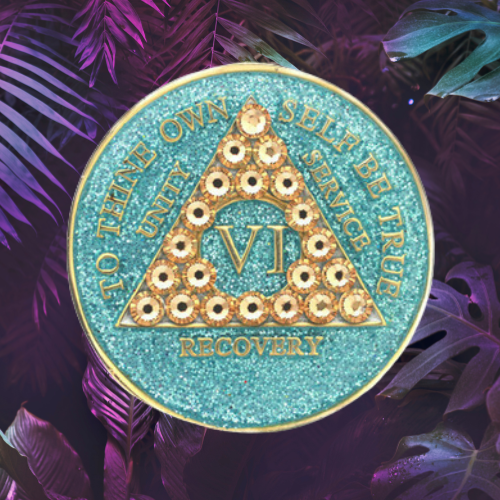 Glitter Tri-plate Aqua and Gold - AA Anniversary Coin-Doing It Sober