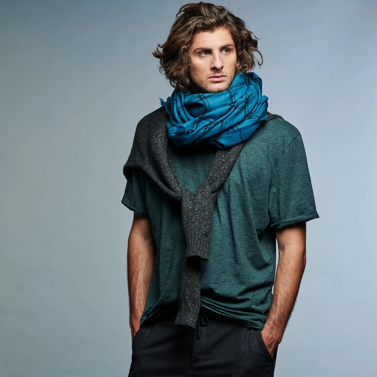 Petrol Blue and Black Check Scarf Tomfoolery London