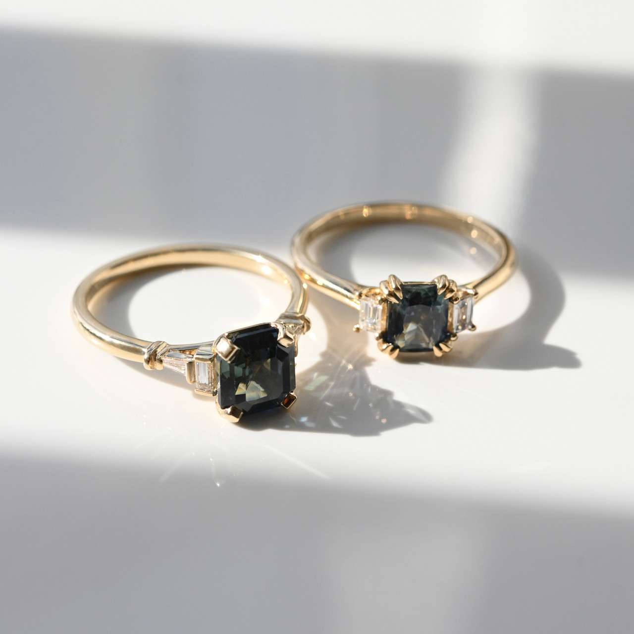Lyon Teal Sapphire & Tapered Diamond Ring - Tomfoolery London
