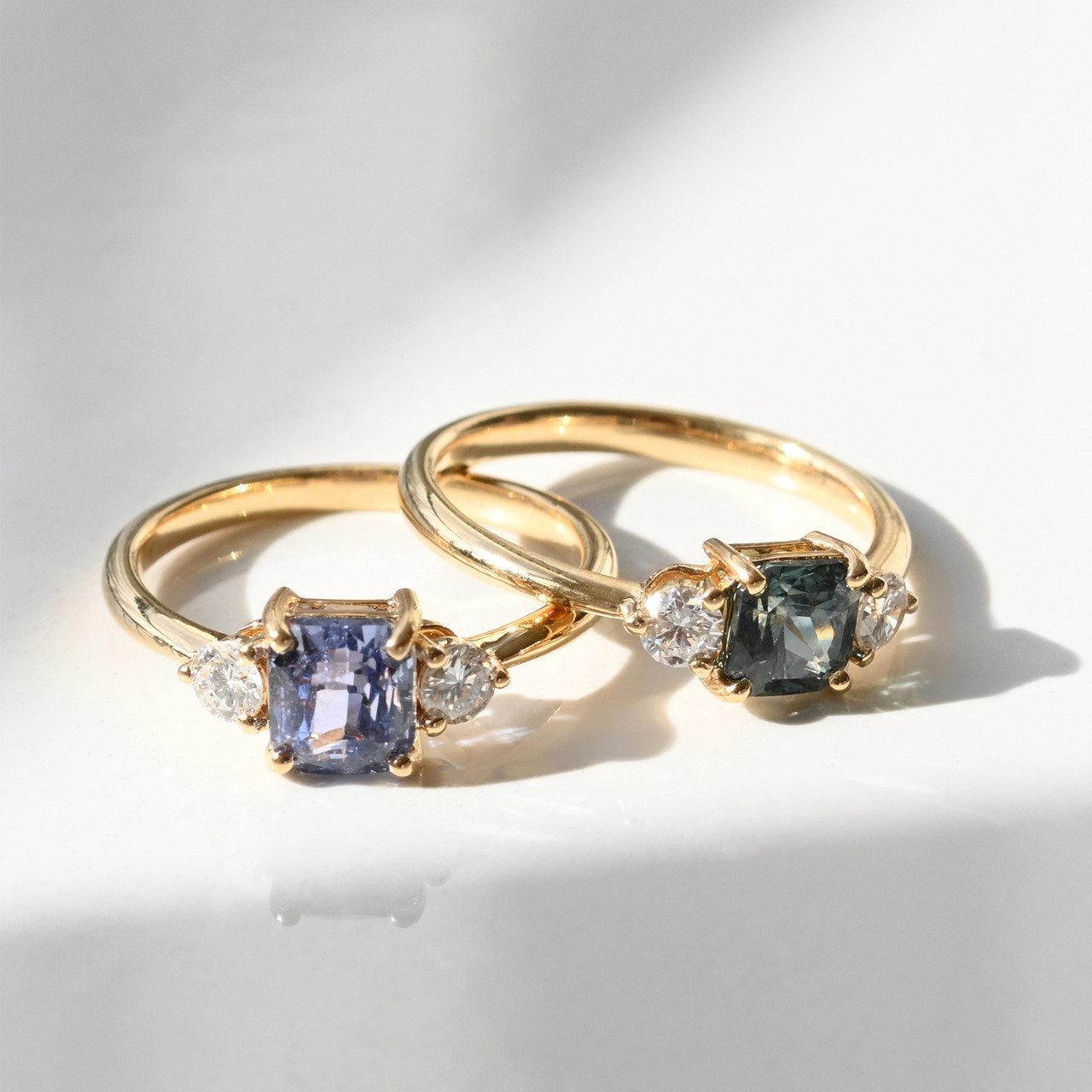TRIO Light Teal Sapphire & Diamond Three Stone Ring - Tomfoolery London