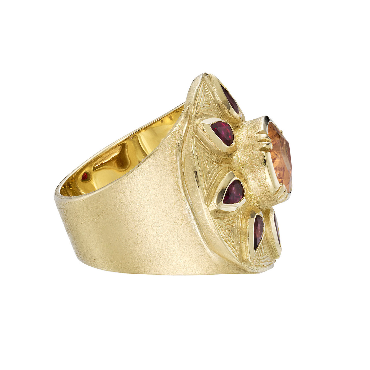 Sunshine Mandarin Garnet Ruby Engraved Art Ring - Tomfoolery London