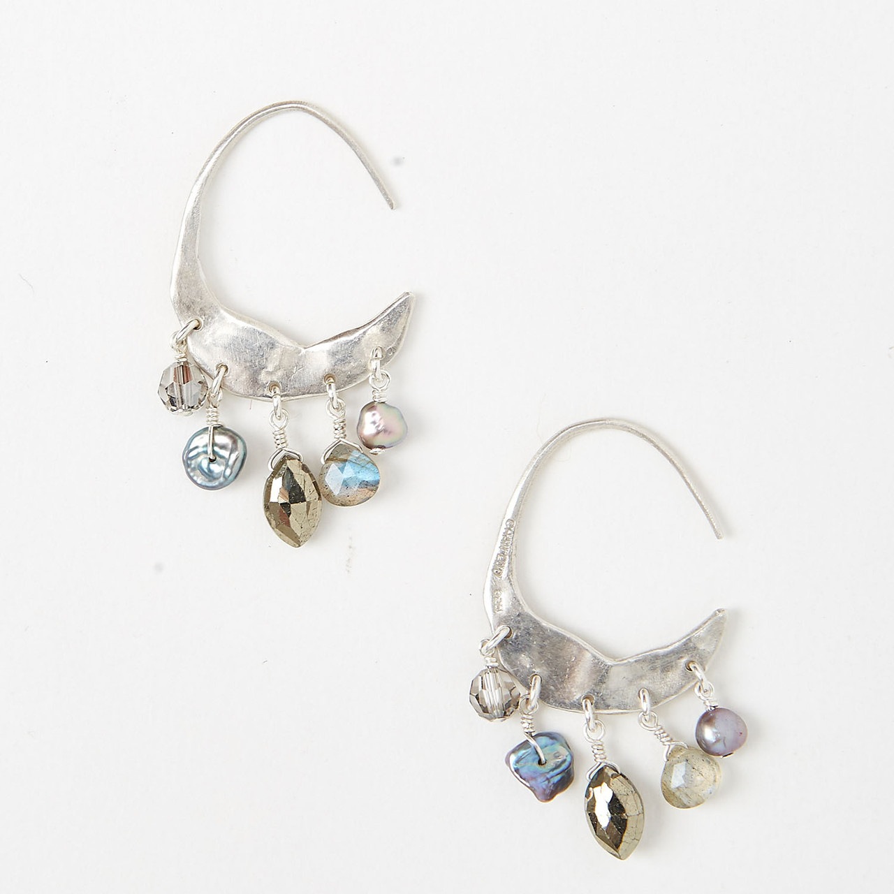 Petite Crescent Grey Pearl & Labradorite Mix Silver Hoop Earrings ...