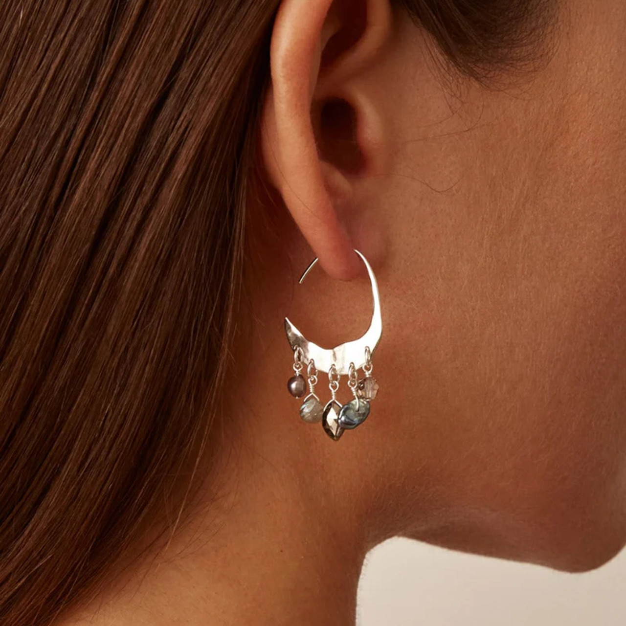 Petite Crescent Grey Pearl & Labradorite Mix Silver Hoop Earrings ...