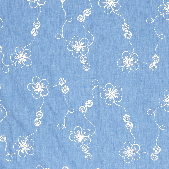Whimsical Floral Embroidered Chambray in Denim Blue - Per ½ Metre ...