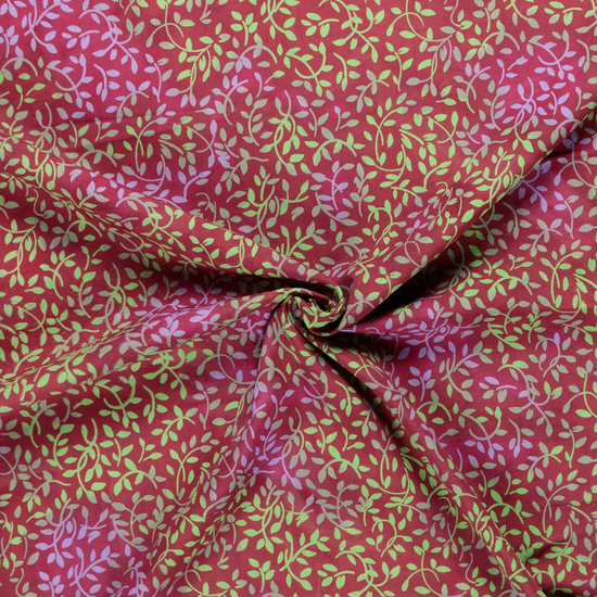 50's Cotton Batik: Green Floral on Maroon - Per ½ Metre - Vibes & Scribes