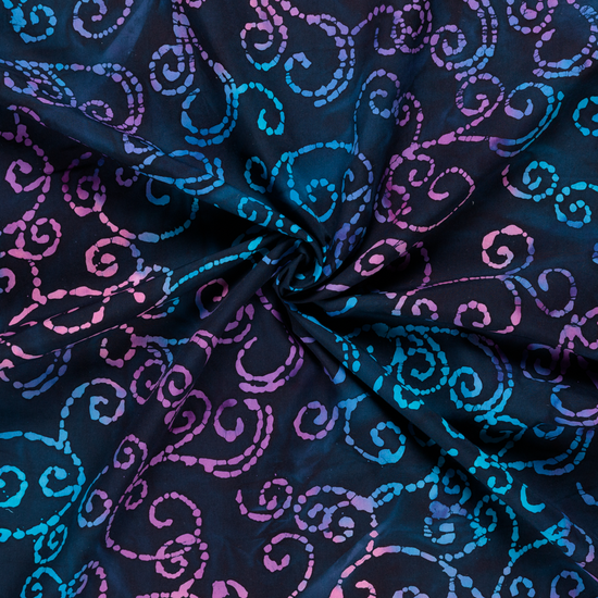 50's Cotton Batik: Vintage Plum & Turquoise Swirls on Navy Blue - Per ½ ...