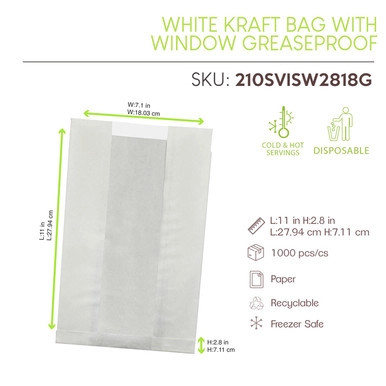 White Kraft Bag with Window Greaseproof - L:11in W:7.1in H:2.8in - 1000 ...