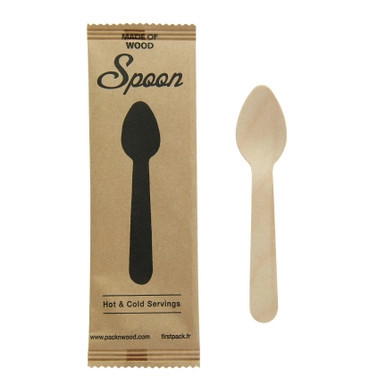 Mini Wooden Spoon wrapped in paper wrapper - L:4.3in - 500 pcs - Packnwood