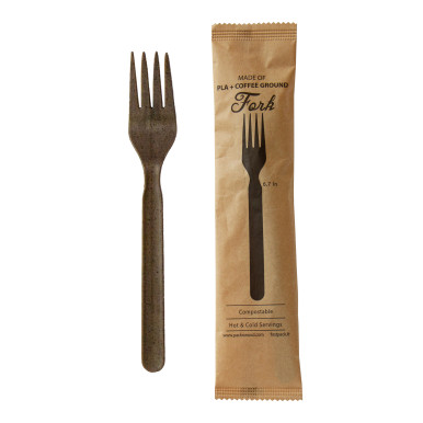 Compostable Wrapped Coffee Ground Fork - L:6.7in - 1000 pcs - Packnwood