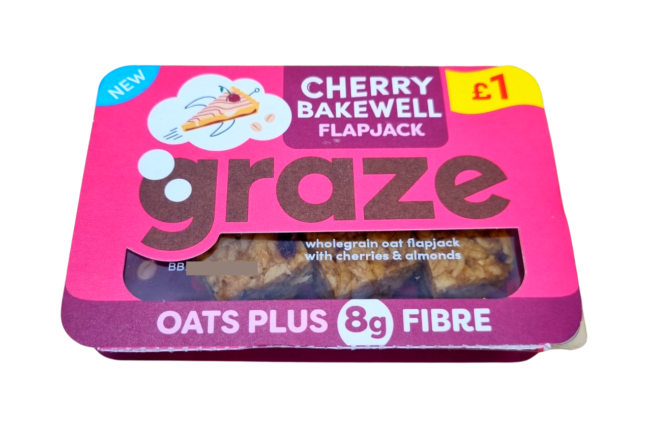 Graze - Cherry Bakewell Flapjack - Oats Plus/Fibre - 53g - Best Before ...