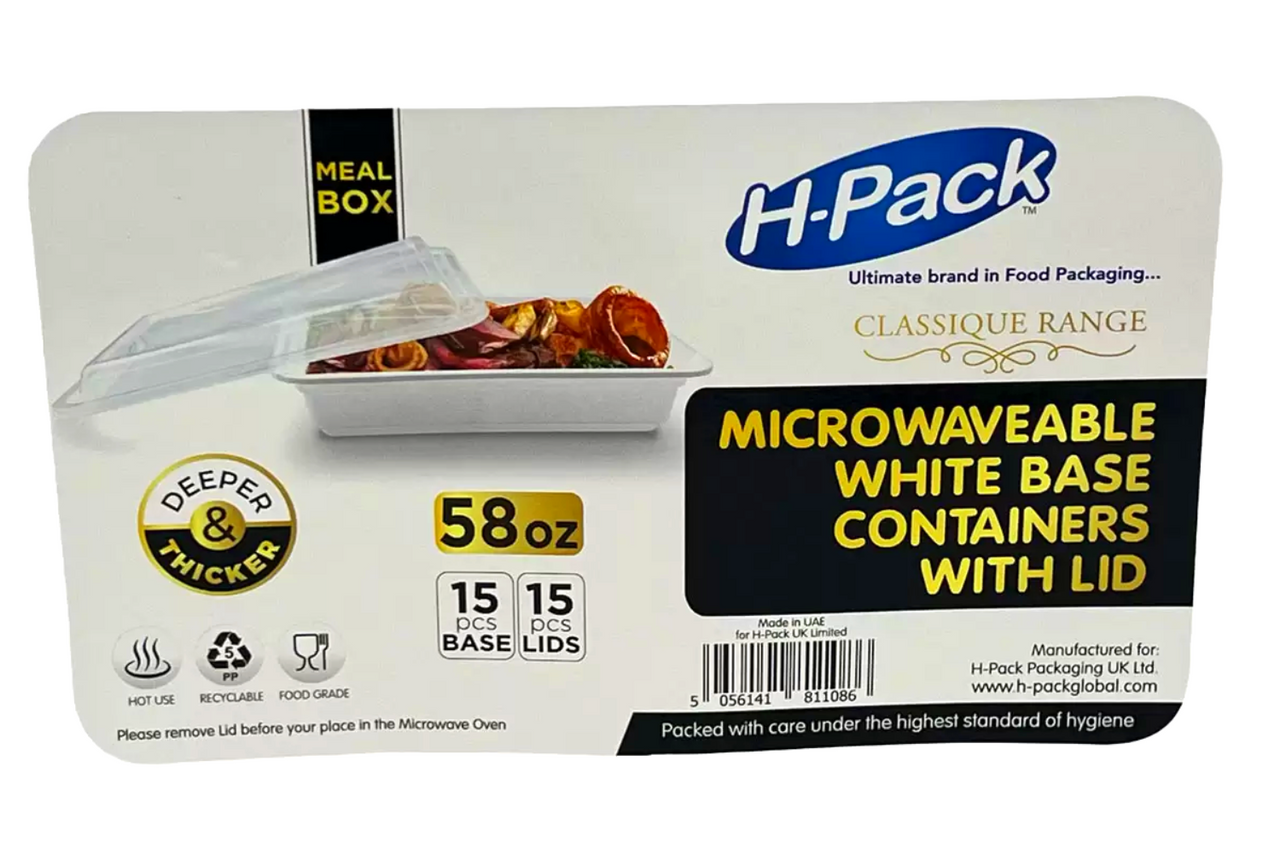 H-Pack - Microwaveable White Base Containers with Lids - 58oz - 15 Pack ...