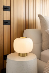 Mele Squat Table Lamp Ash Wood with Opal Glass | Lighting Direct