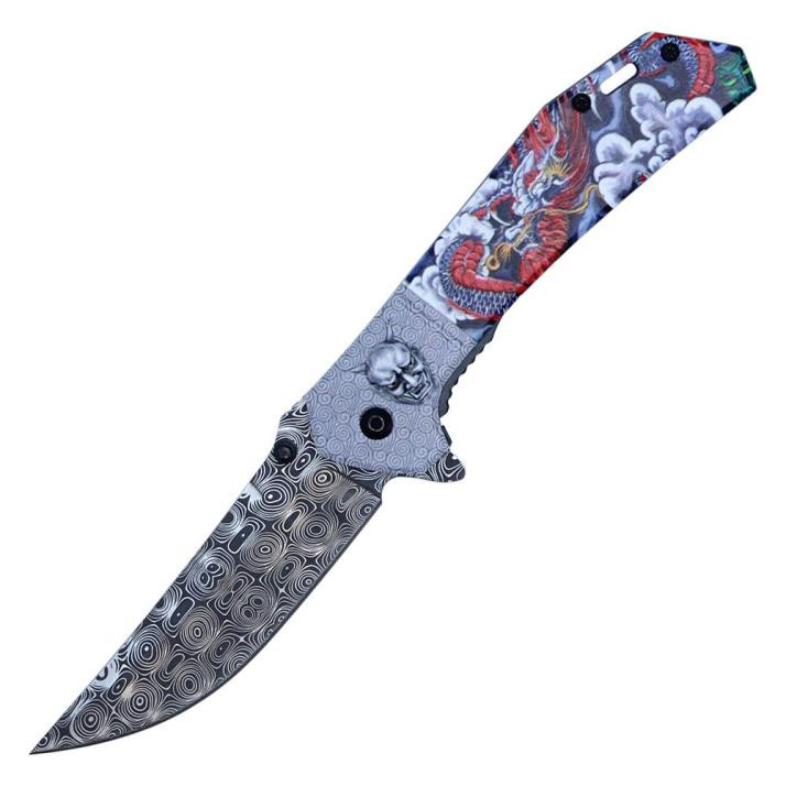 Air Dragon Damascus Etched Blade A/O Pocket Knife - Pure Blades