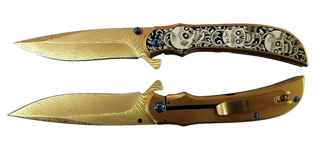 Stec Skull (Gold) A/O Flipper Pocket Knife - Pure Blades
