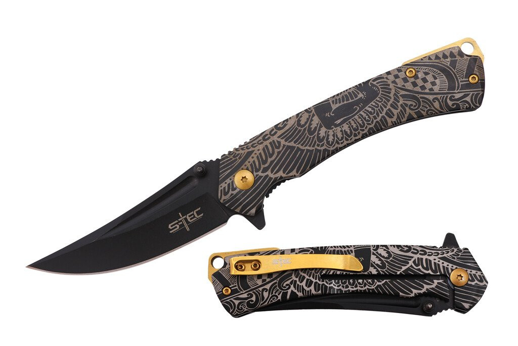 Stec Feather Graphic Design (Black) A/O Flipper Pocket Knife - Pure Blades