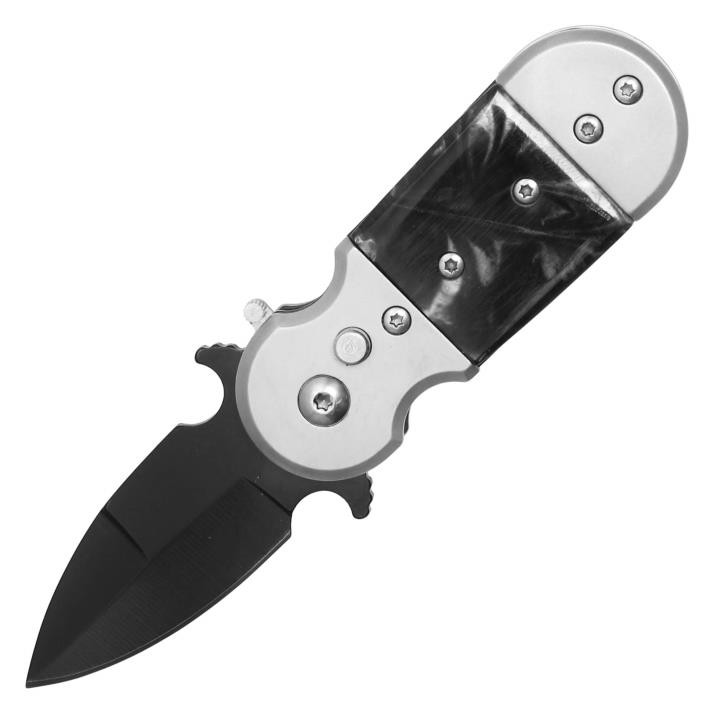Micro Push Button Auto Stiletto (Black Marbled) Pocket Knife - Pure Blades