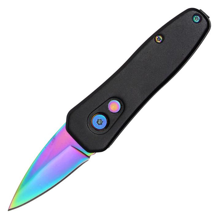 Atomic Mini Push Button (RAINBOW) Auto Pocket Knife #48 - Pure Blades