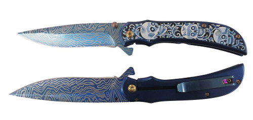 Stec Skull (Blue) A/O Flipper Pocket Knife - Pure Blades