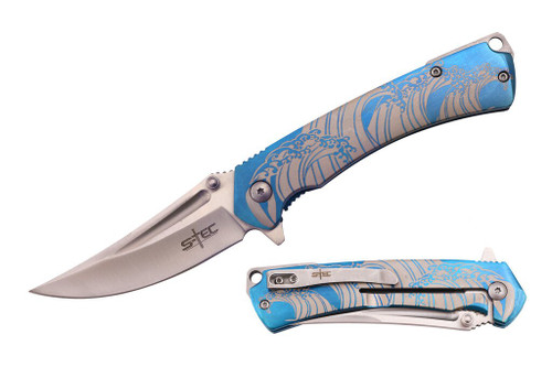 Stec Blue Wave Graphic A/O Flipper Pocket Knife - Pure Blades