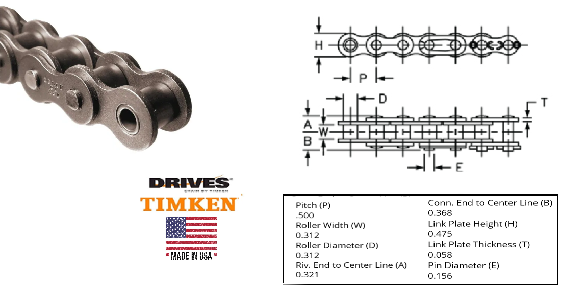 #40 Timken Drives Roller Chain 10 Foot Roll 1/2" Pitch & 5/16" Width ...