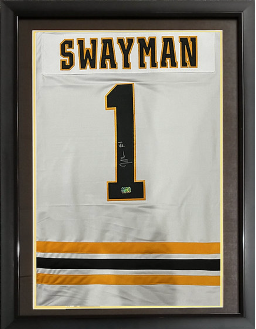 Jeremy Swayman Signed/ Autographed Away Jersey Swatch 25x31 Frame