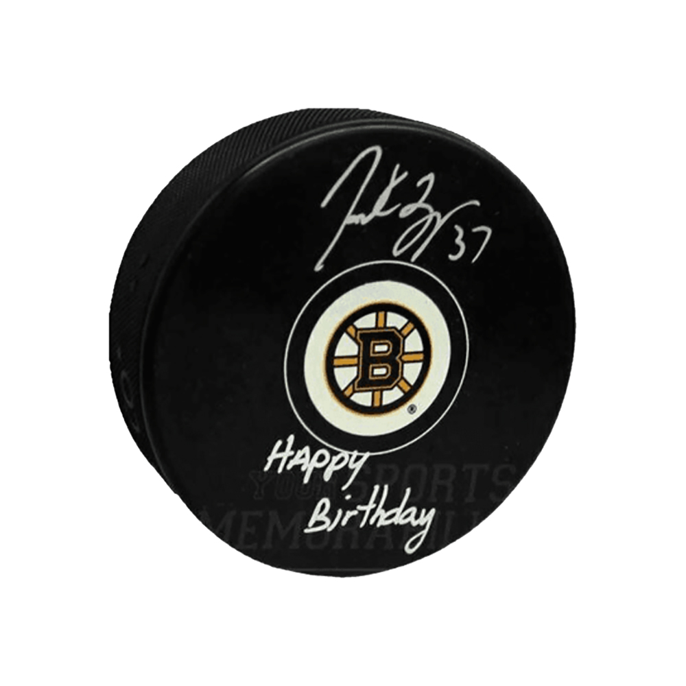 Bergeron Autographed "Happy Birthday" Puck | Boston Pro Shop